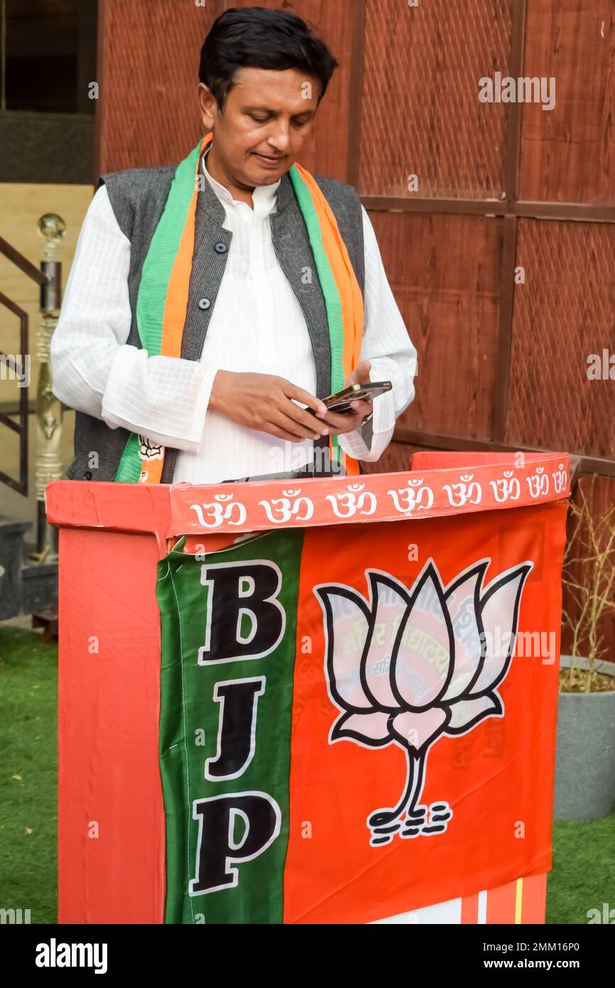 Delhi, India, December 02 2022 -Bharatiya Janata Party (BJP) supporter ...