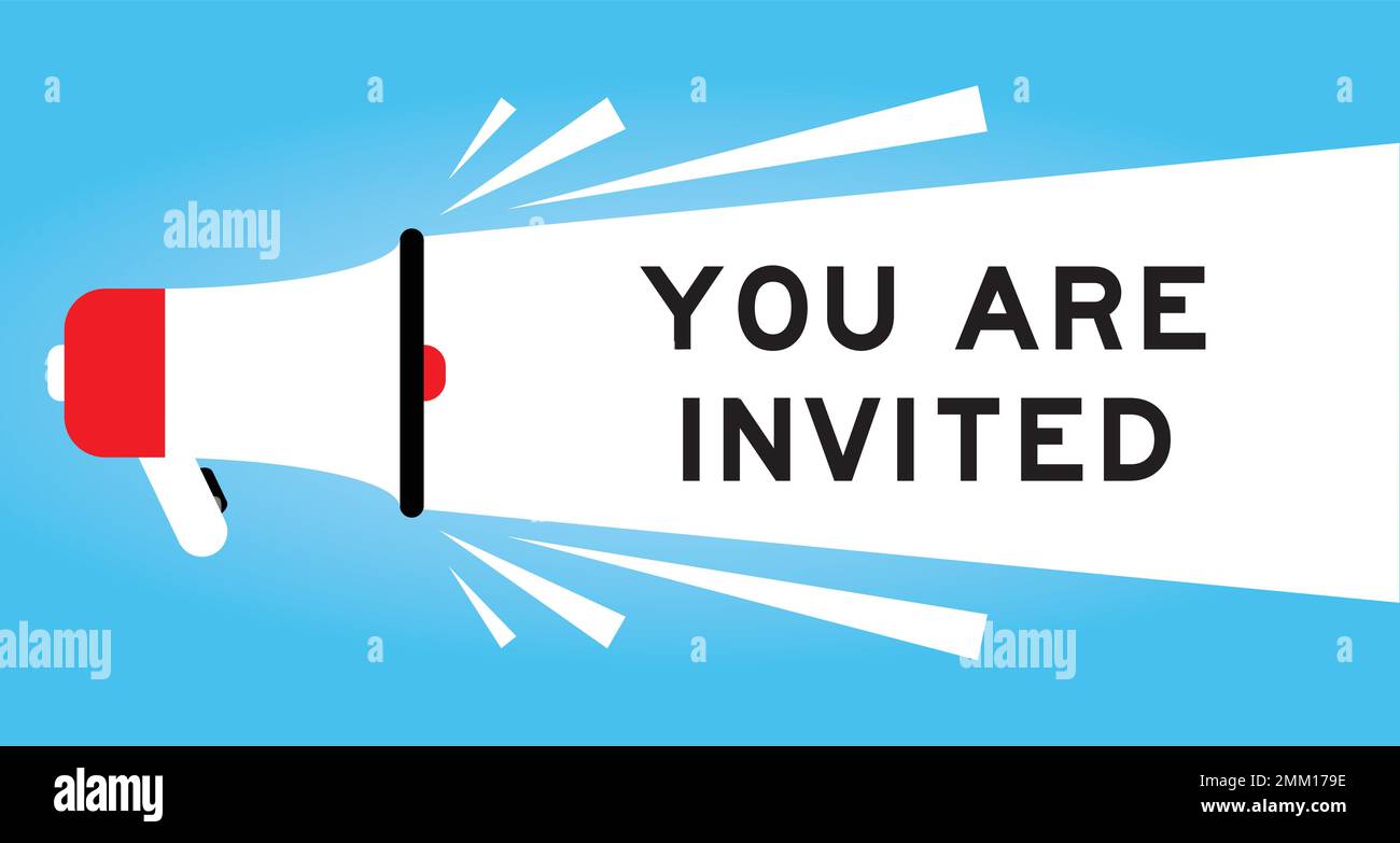 Color megaphone icon with word you are invited in white banner on blue background Stock Vector ...