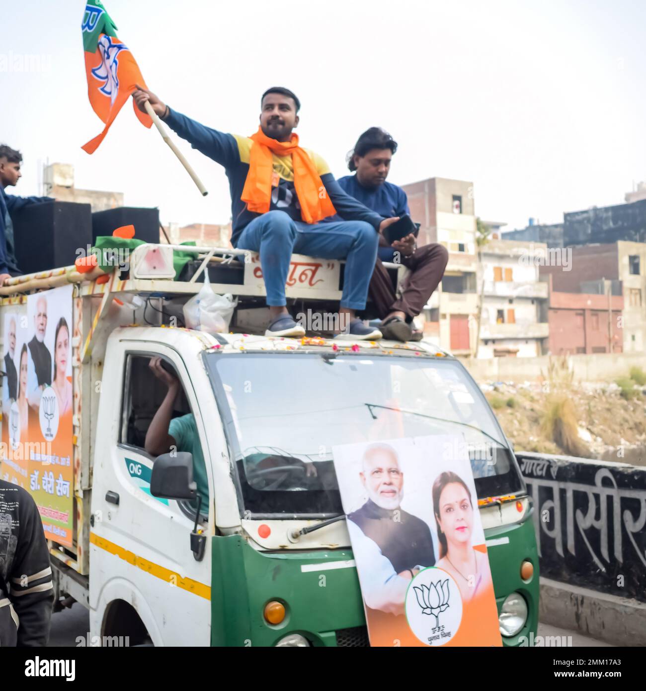 Delhi, India, December 02 2022 -Bharatiya Janata Party (BJP) supporter ...