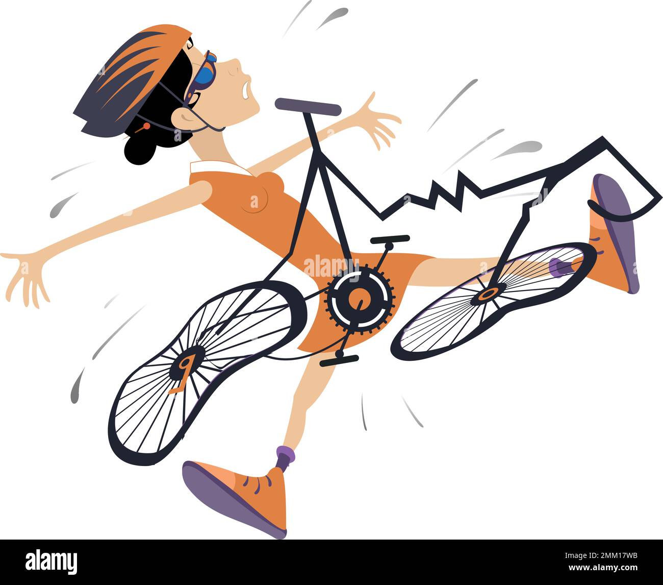 Cyclist woman falling down from the bicycle. Cyclist woman laying under ...