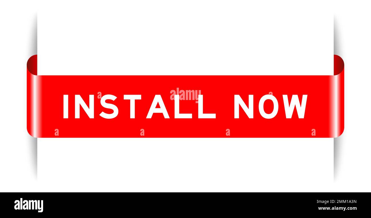 Red color inserted label banner with word install now on white ...