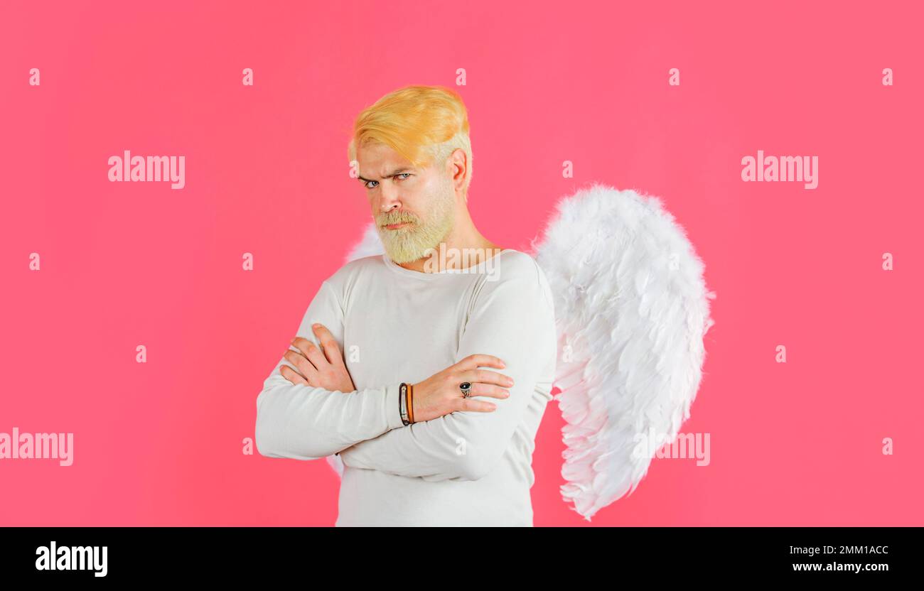 Valentines Day. Bearded man in angel wings with folded hands. Cupid in ...
