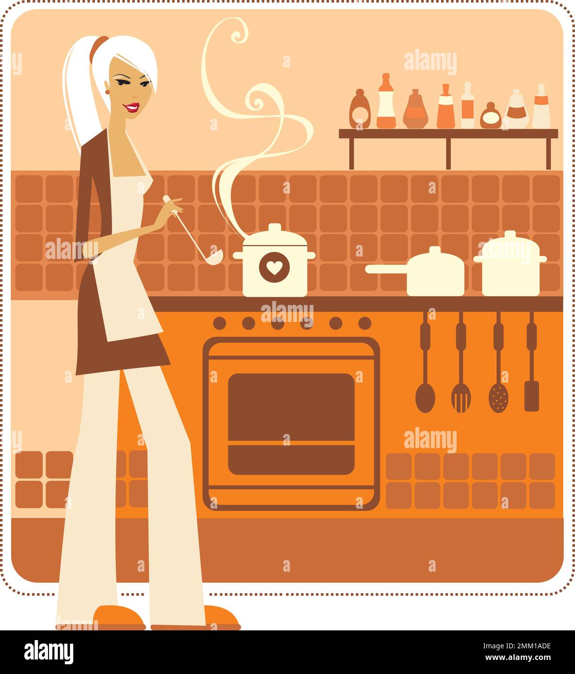 Young lady cooking. Domestic kitchen interior. Flat vector character ...