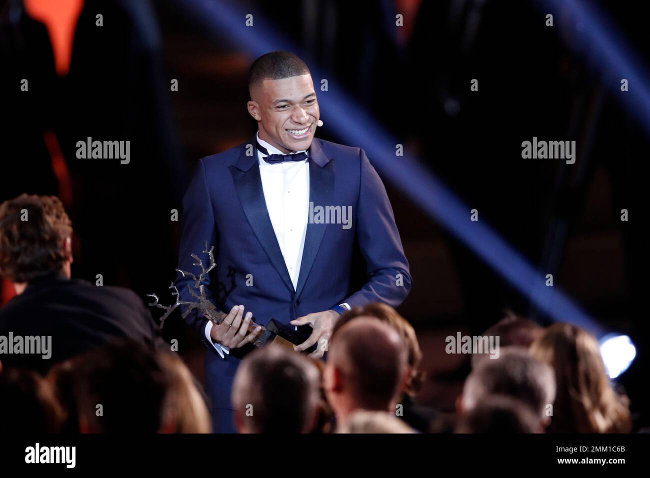 Paris St Germain's Kylian Mbappe celebrates with the Kopa Trophy during ...