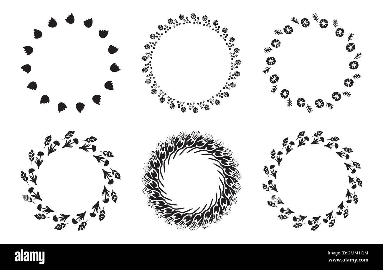 Set of six botanical wreath frames. Vector woodland invitation borders ...