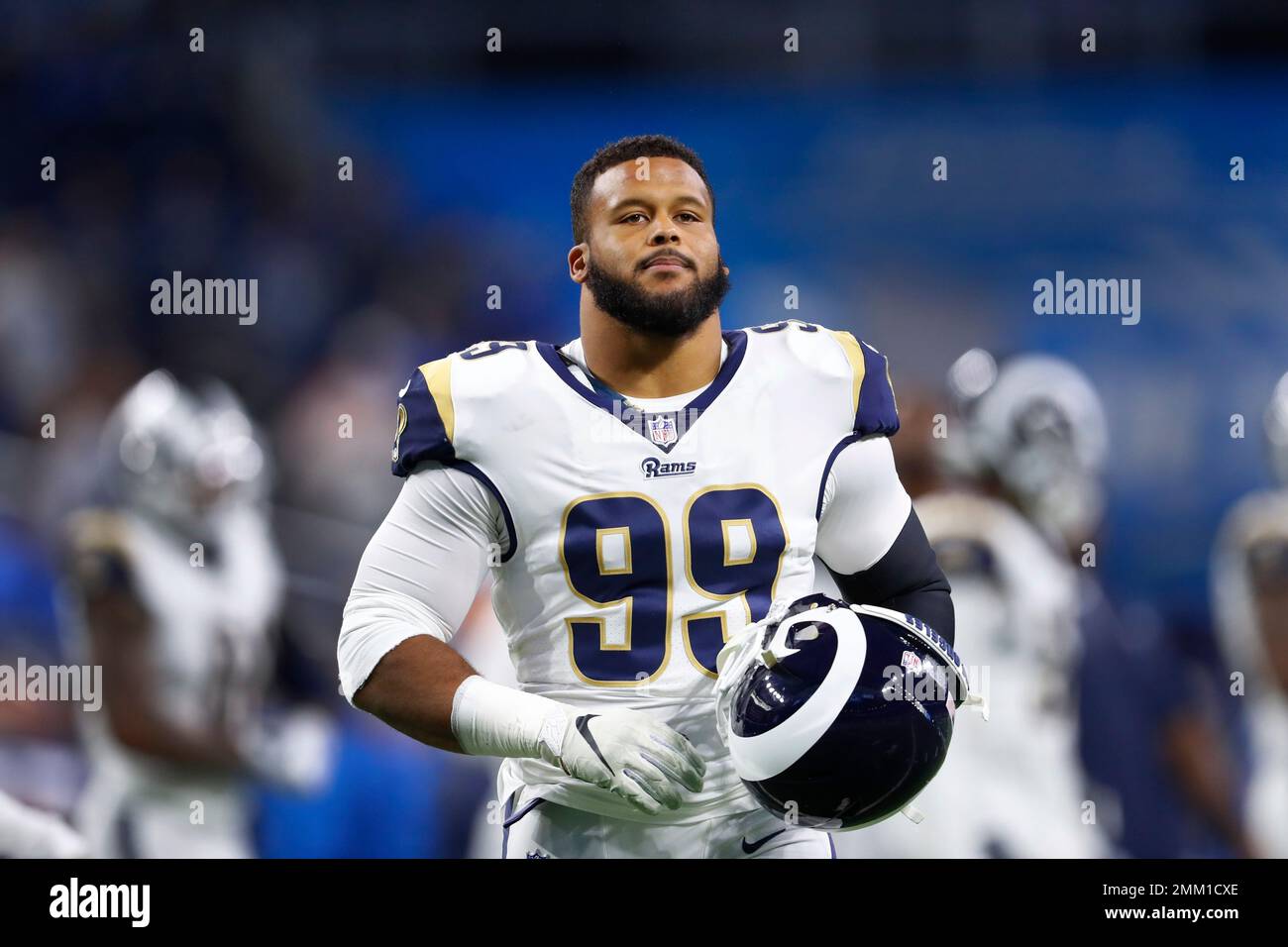 Los Angeles Rams defensive tackle Aaron Donald warms up before an NFL ... Los Angeles Rams defensive tackle Aaron Donald warms up before an NFL ...