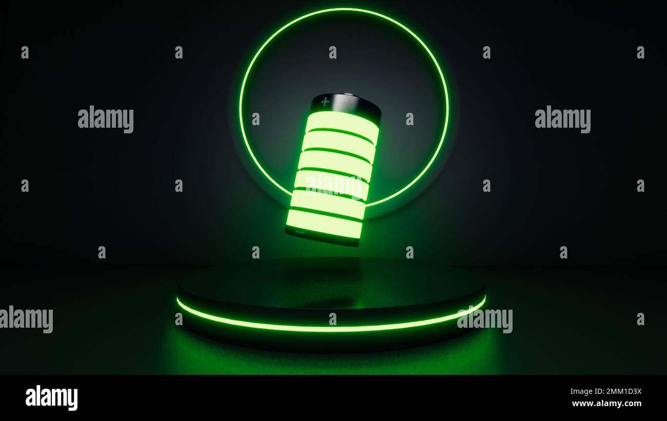 Green battery glowing with plus and minus sign fully charged floating ...