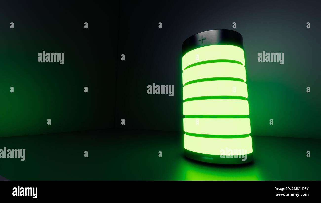 Green battery glowing with plus and minus signs fully charged isolated ...