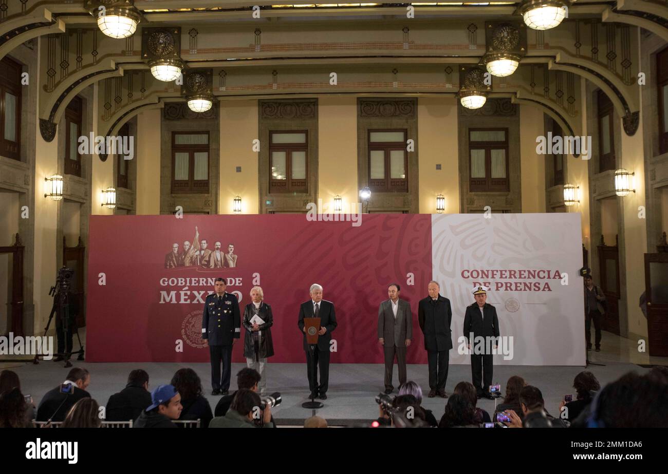 Mexico's President Andres Manuel Lopez Obrador holds his first news ...