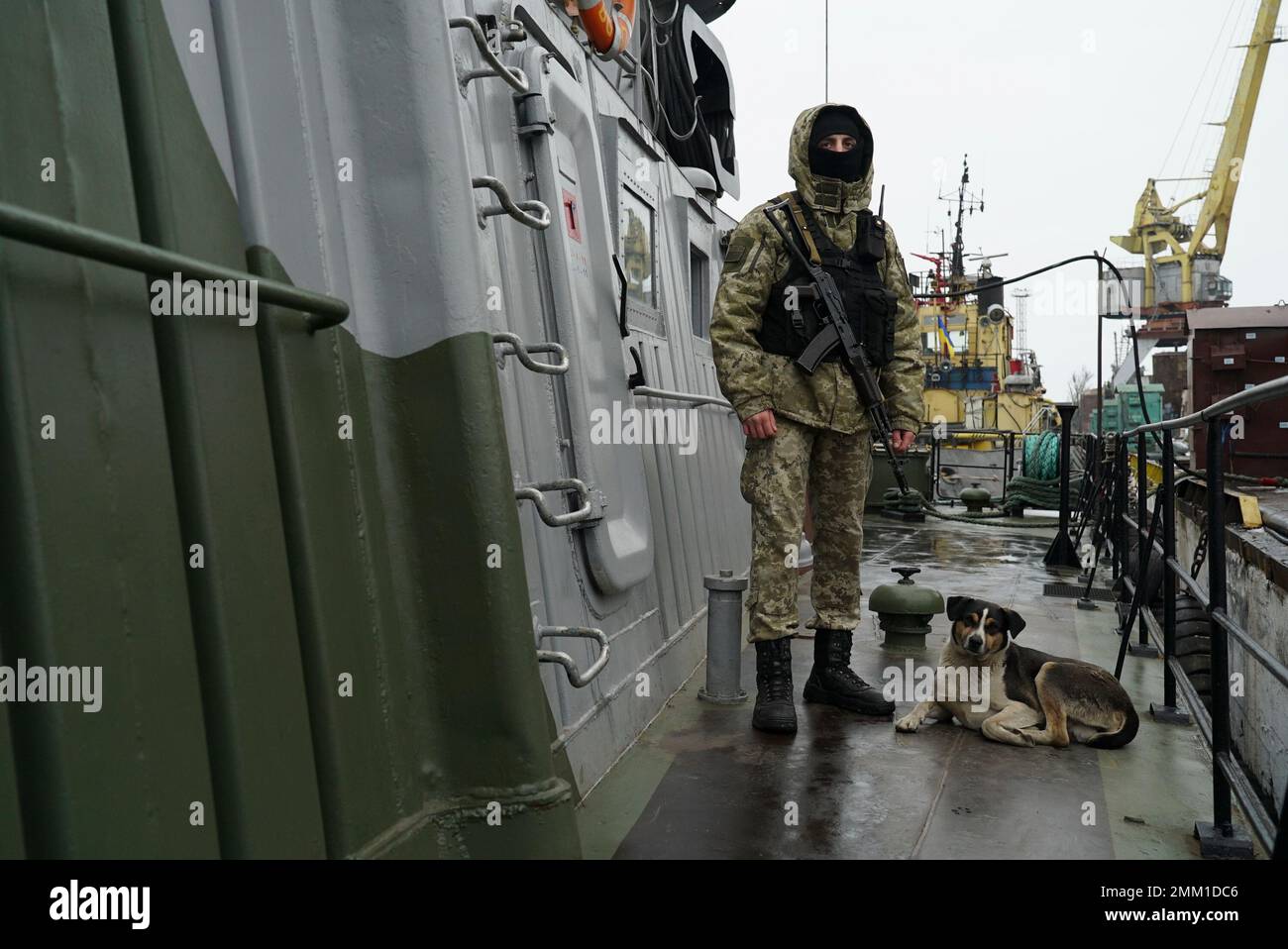 A Ukrainian serviceman stands on board a coast guard ship with his dog ...