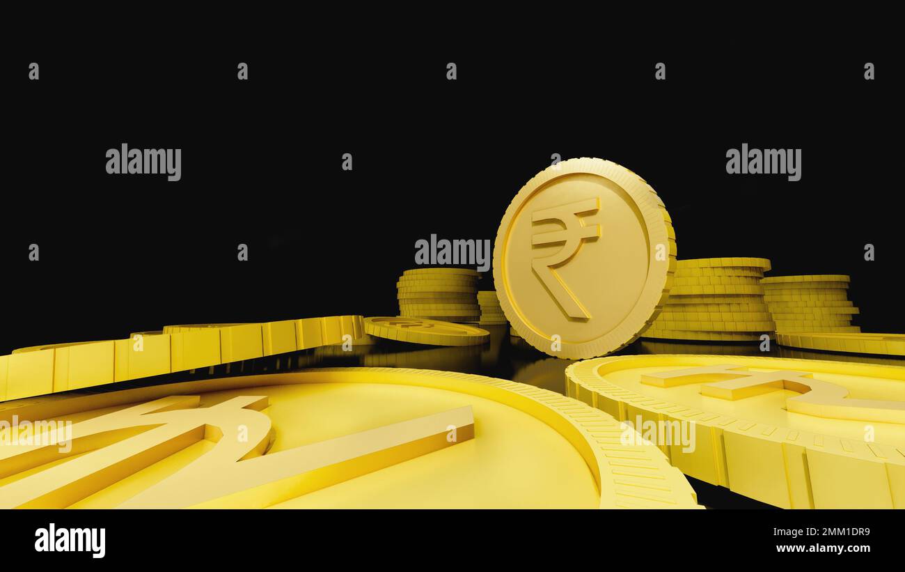 Indian Rupee sign Gold Coin background INR Currency coins black ...