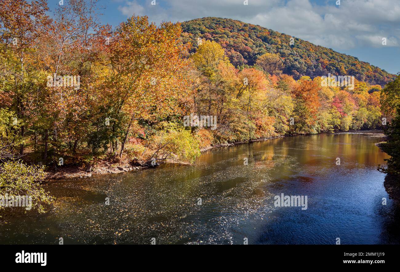 View of Autumn Colors by a River and Mountain Side on a Sunny Day Stock ...