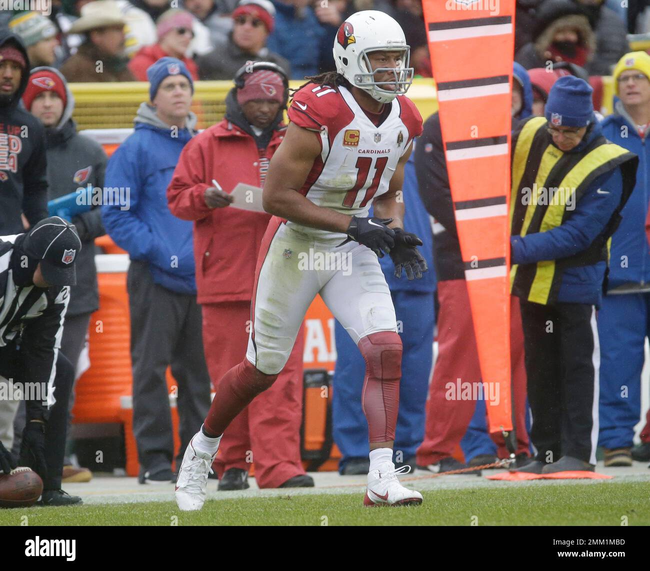 Arizona Cardinals wide receiver Larry Fitzgerald runs back to the ...