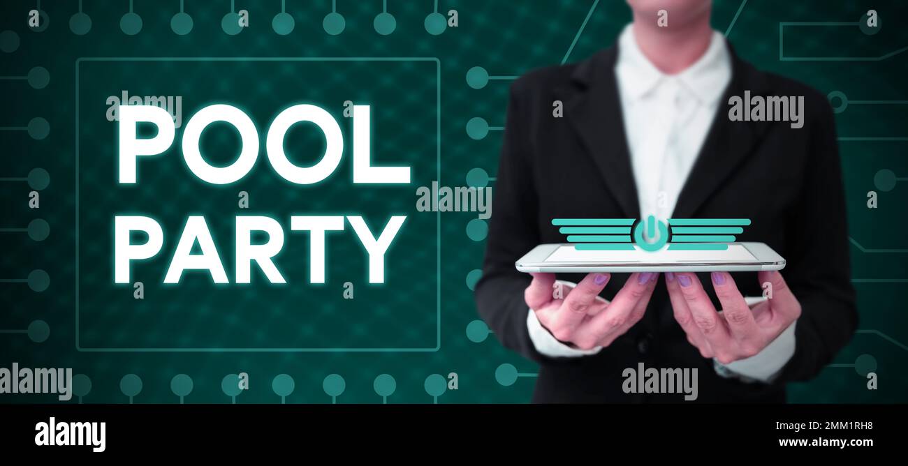 Text sign showing Pool Party. Word for celebration that includes ...