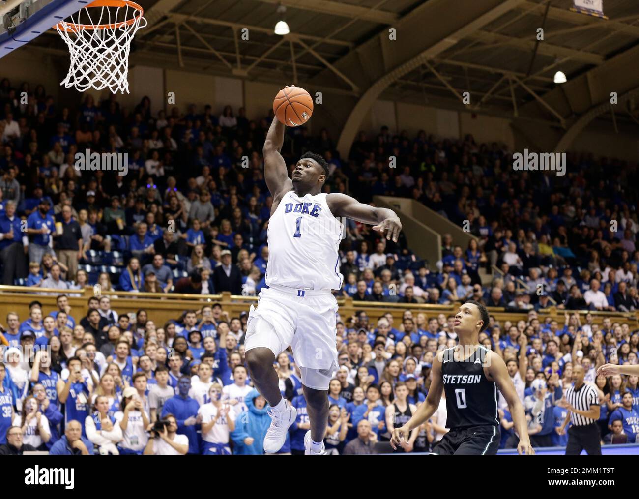 Duke's Zion Williamson (1) drives for a dunk against Stetson during the ...