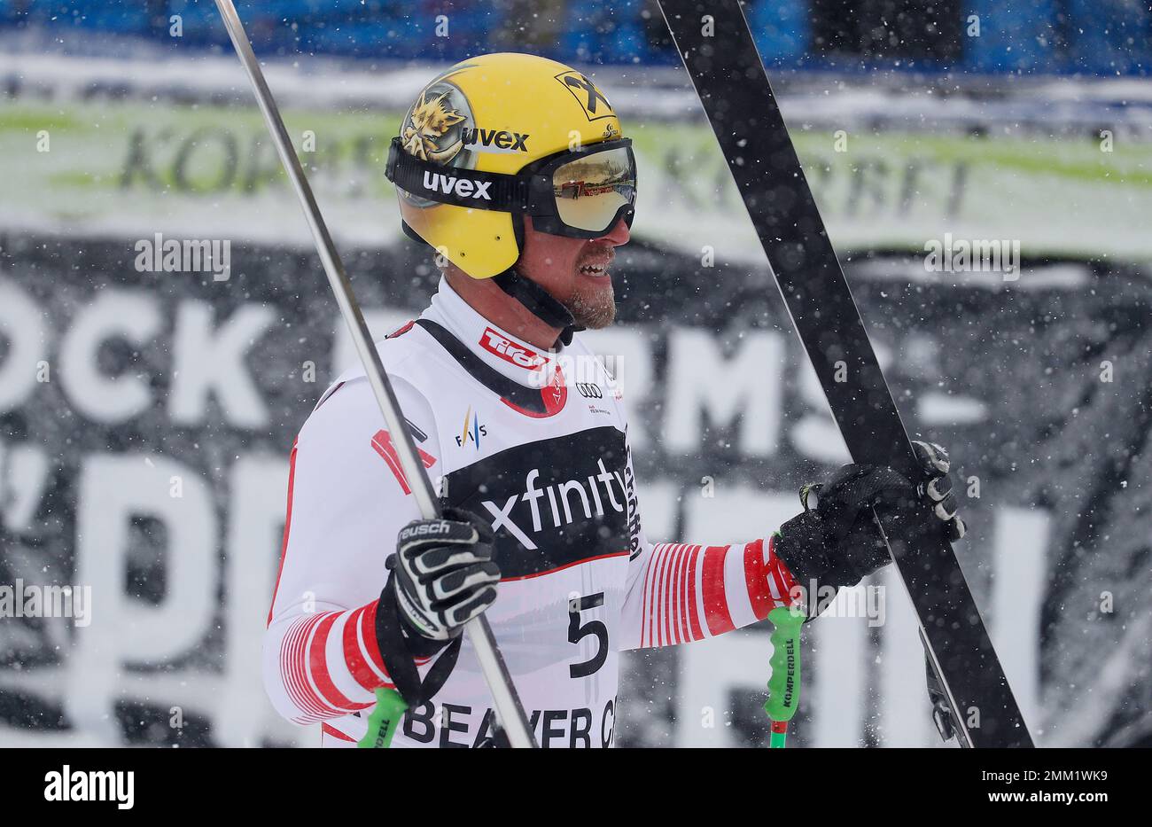 Austria's Max Franz reacts after finishing a Men's World Cup super-G ...