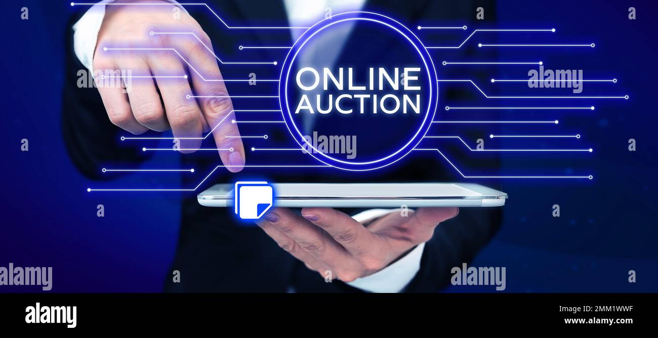 Text caption presenting Online Auction. Business overview process of buying and selling goods or ...