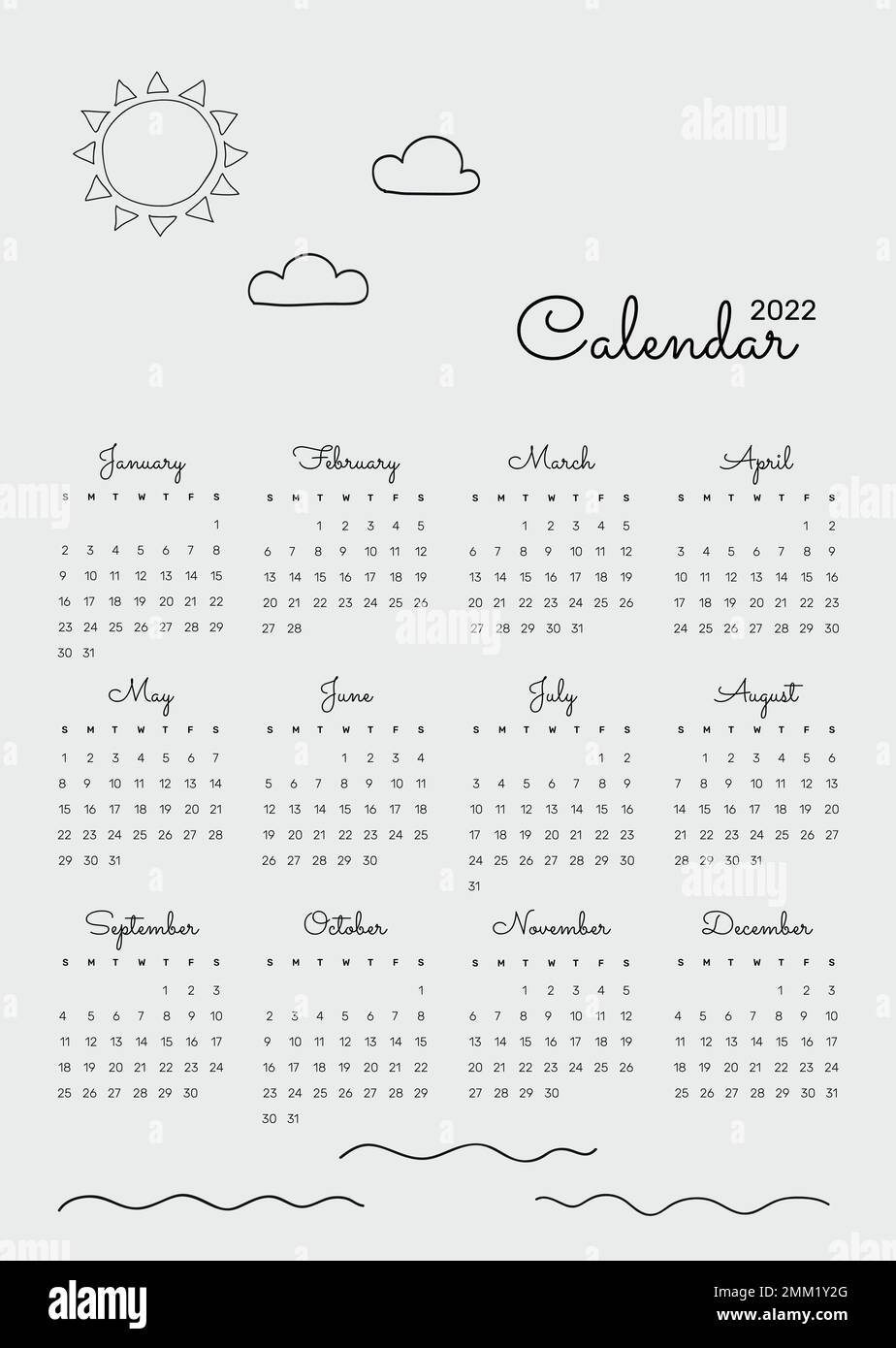Cute 2022 monthly calendar template, minimal doodle illustration vector ...