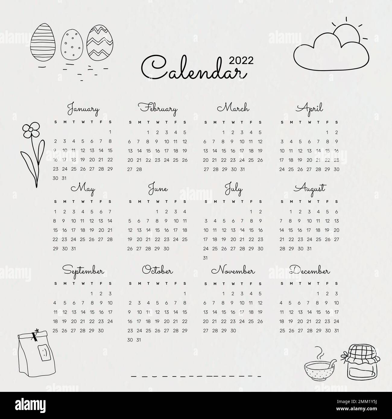 Cute 2022 monthly calendar template, minimal doodle illustration vector ...