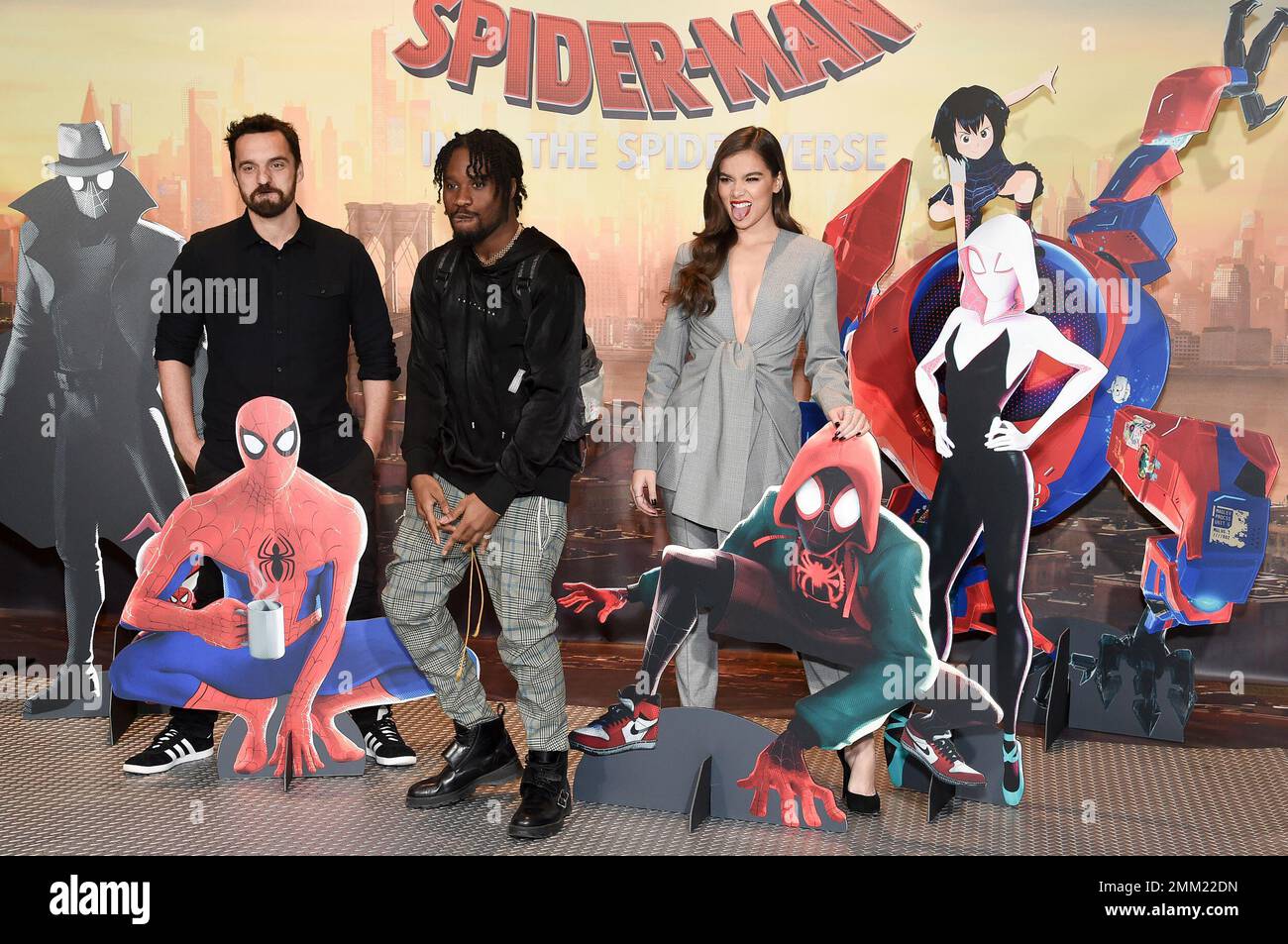 Jake Johnson, from left, Shameik Moore and Hailee Steinfeld attend the ...