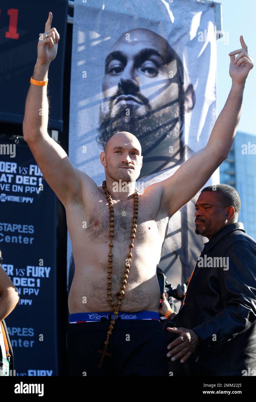 Boxer Tyson Fury arrives at his official weigh-in ceremony Friday, Nov ...