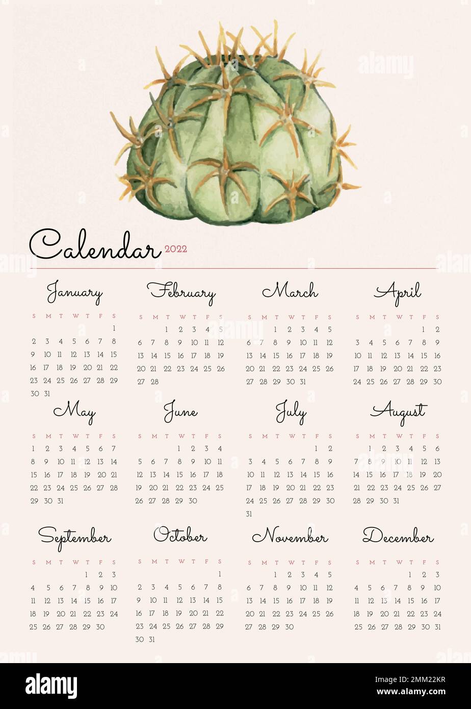 Cactus 2022 monthly calendar template, watercolor illustration vector ...