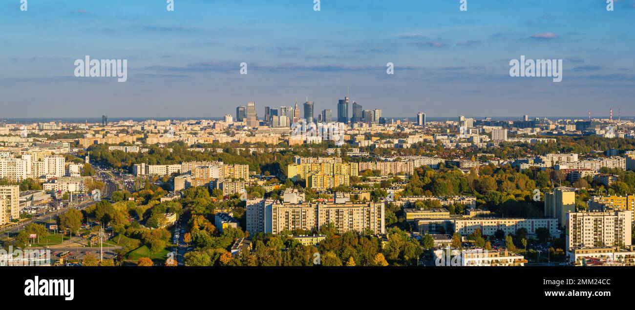 Warsaw city center from subirbs district, aerial landscape Stock Photo ...