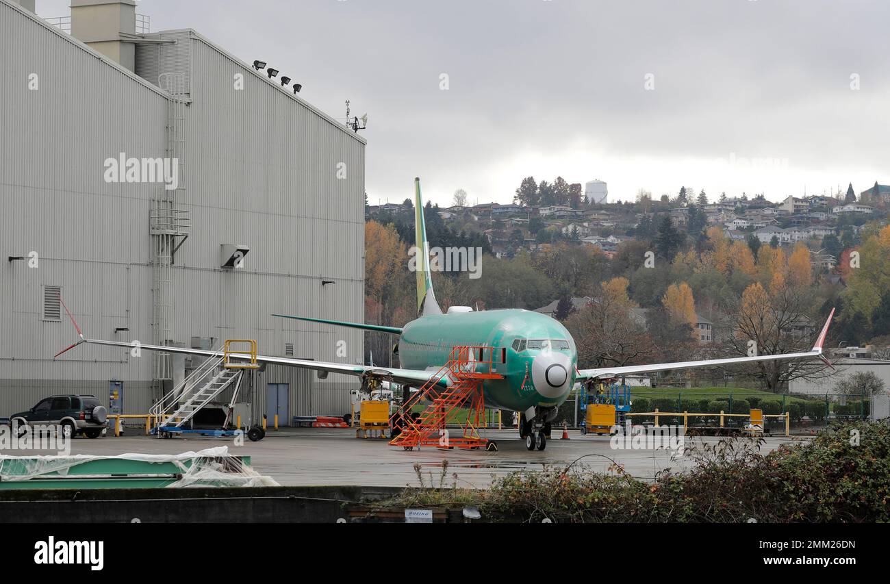 FILE- In this Nov. 14, 2018, file photo a Boeing 737-MAX 8 is parked outside Boeing Co.'s 737 ...
