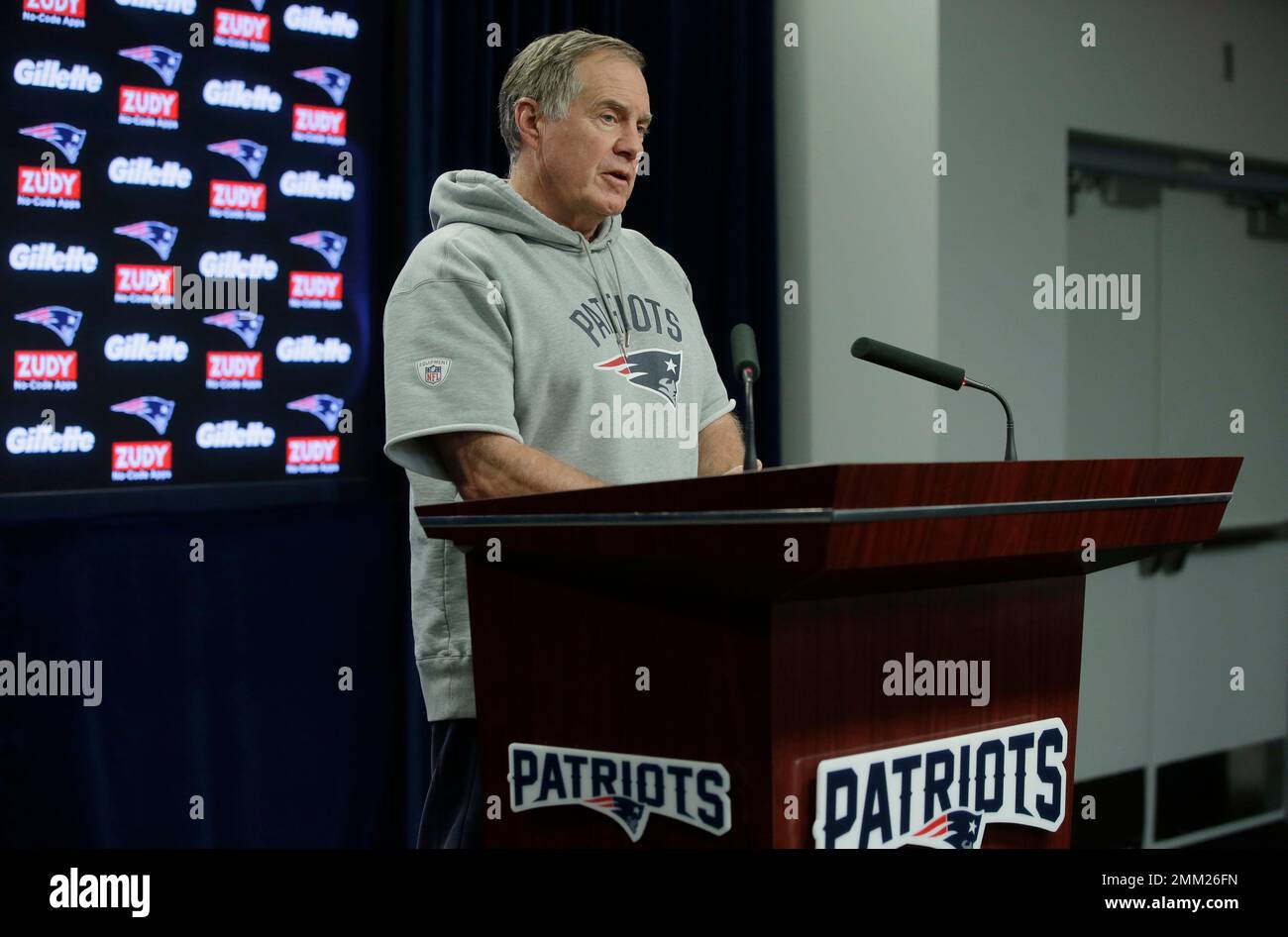 New England Patriots head coach Bill Belichick faces reporters before ...