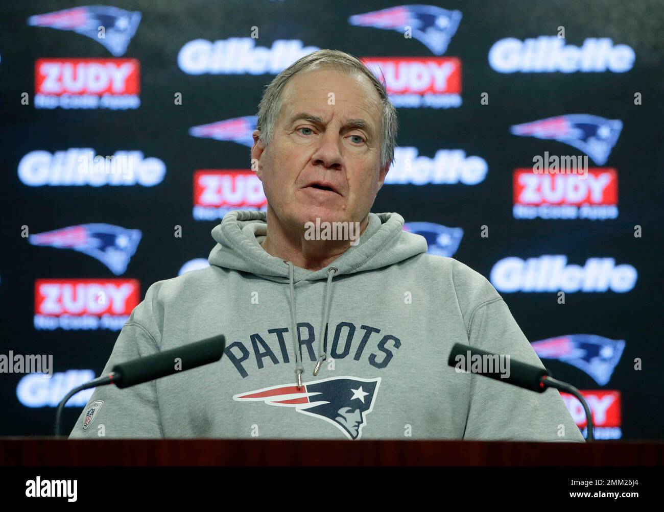 New England Patriots head coach Bill Belichick faces reporters before ...