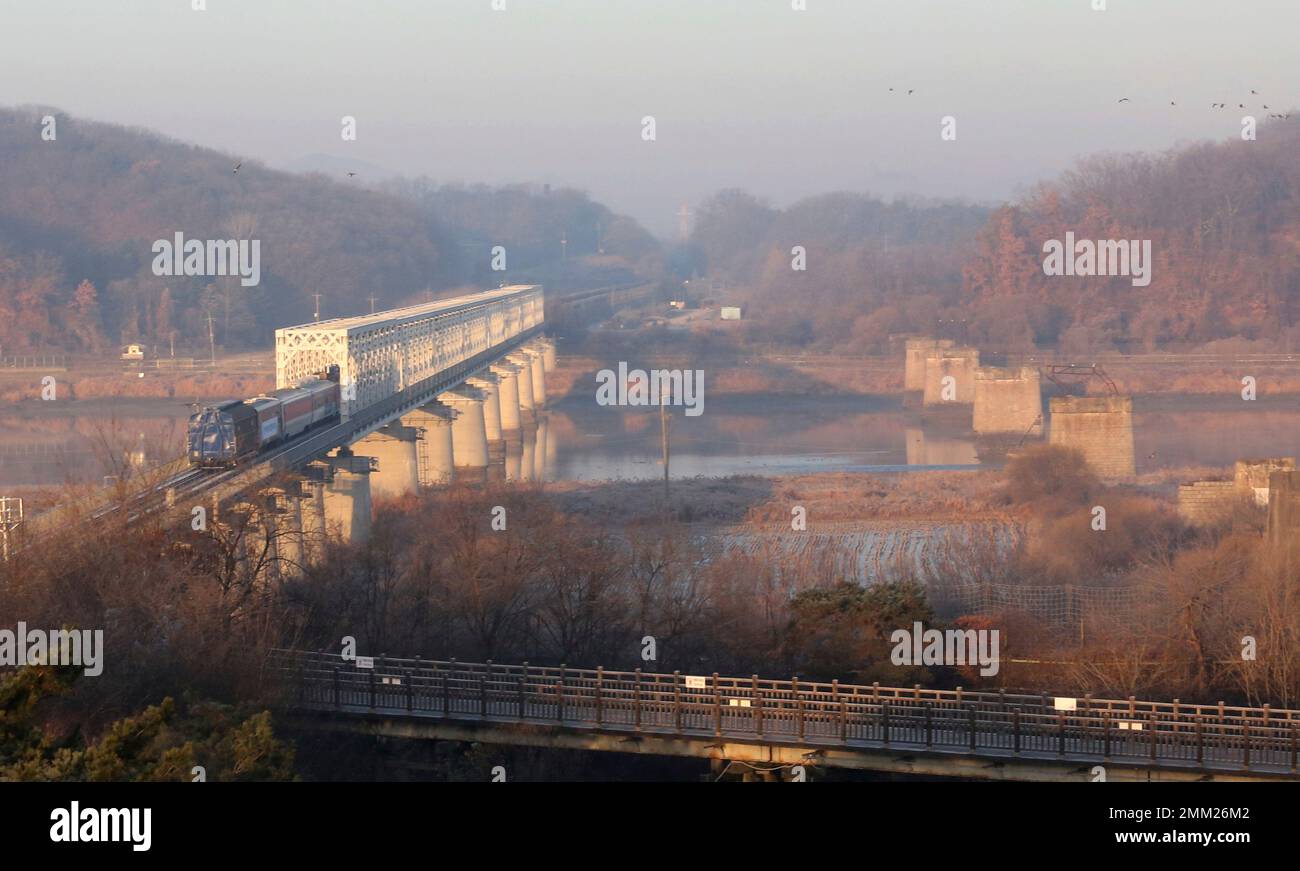 A South Korean train runs on the rail track, which the two Koreas hope ...
