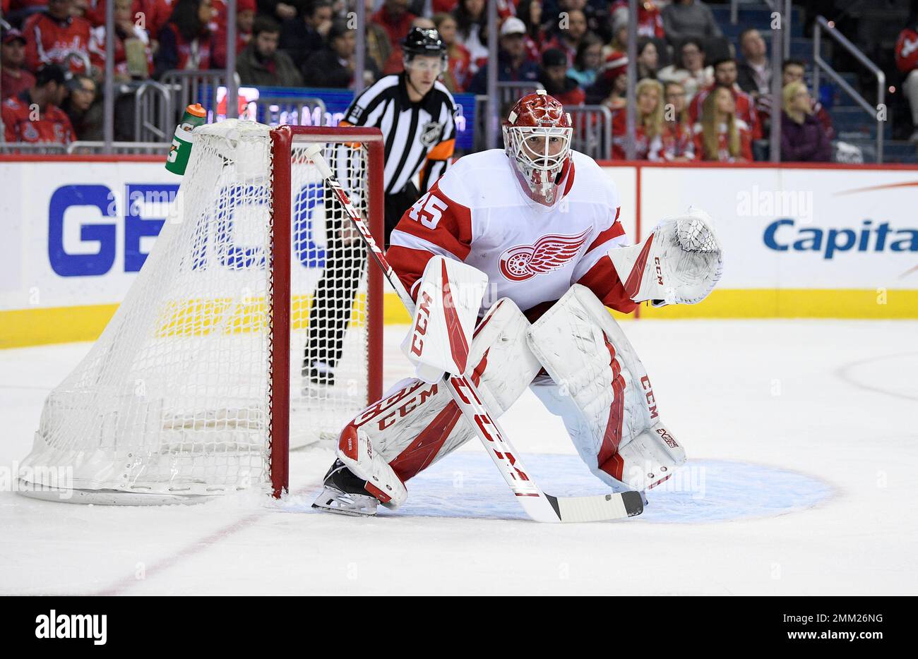 Detroit Red Wings goaltender Jonathan Bernier (45) stands on the ice ...