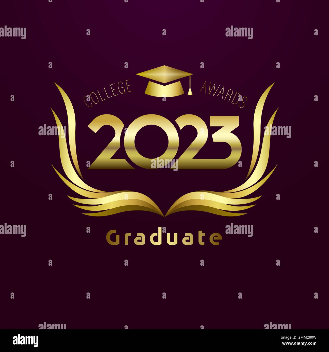Class of 2023 year graduation logo. Open golden textbook as awards ...