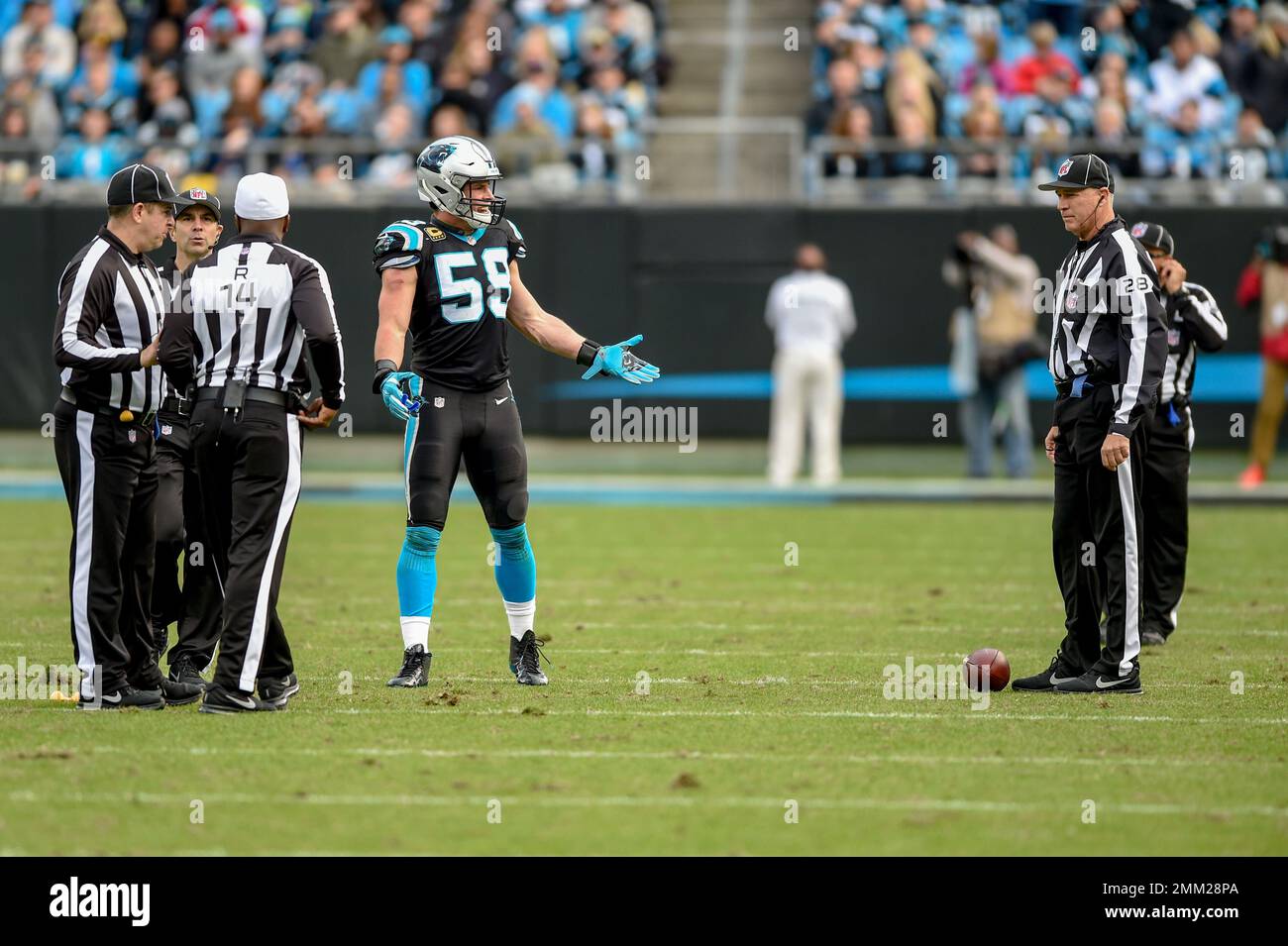 Carolina Panthers middle linebacker Luke Kuechly (59) reacts after ...