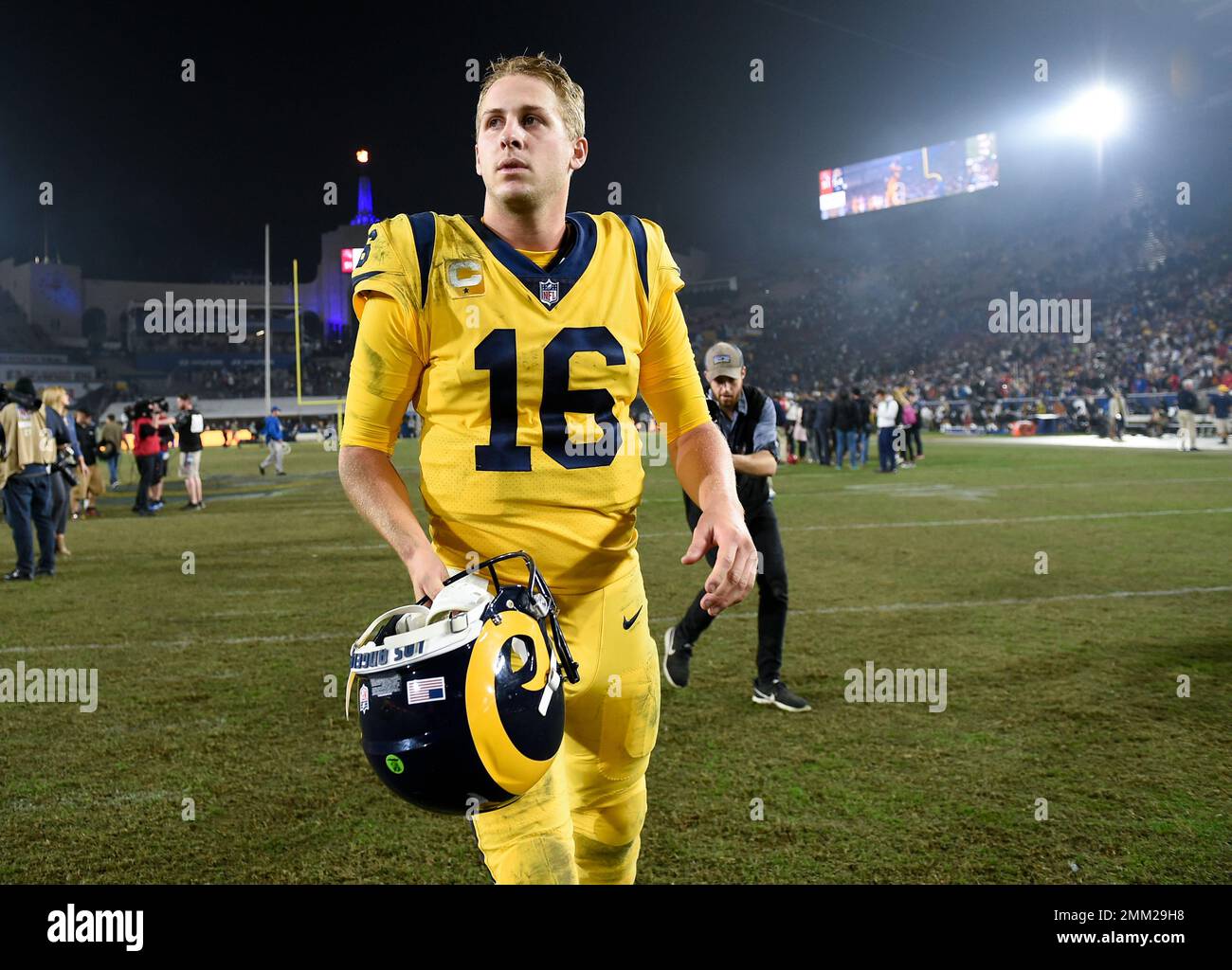 Los Angeles Rams quarterback Jared Goff walks off the field after an ...
