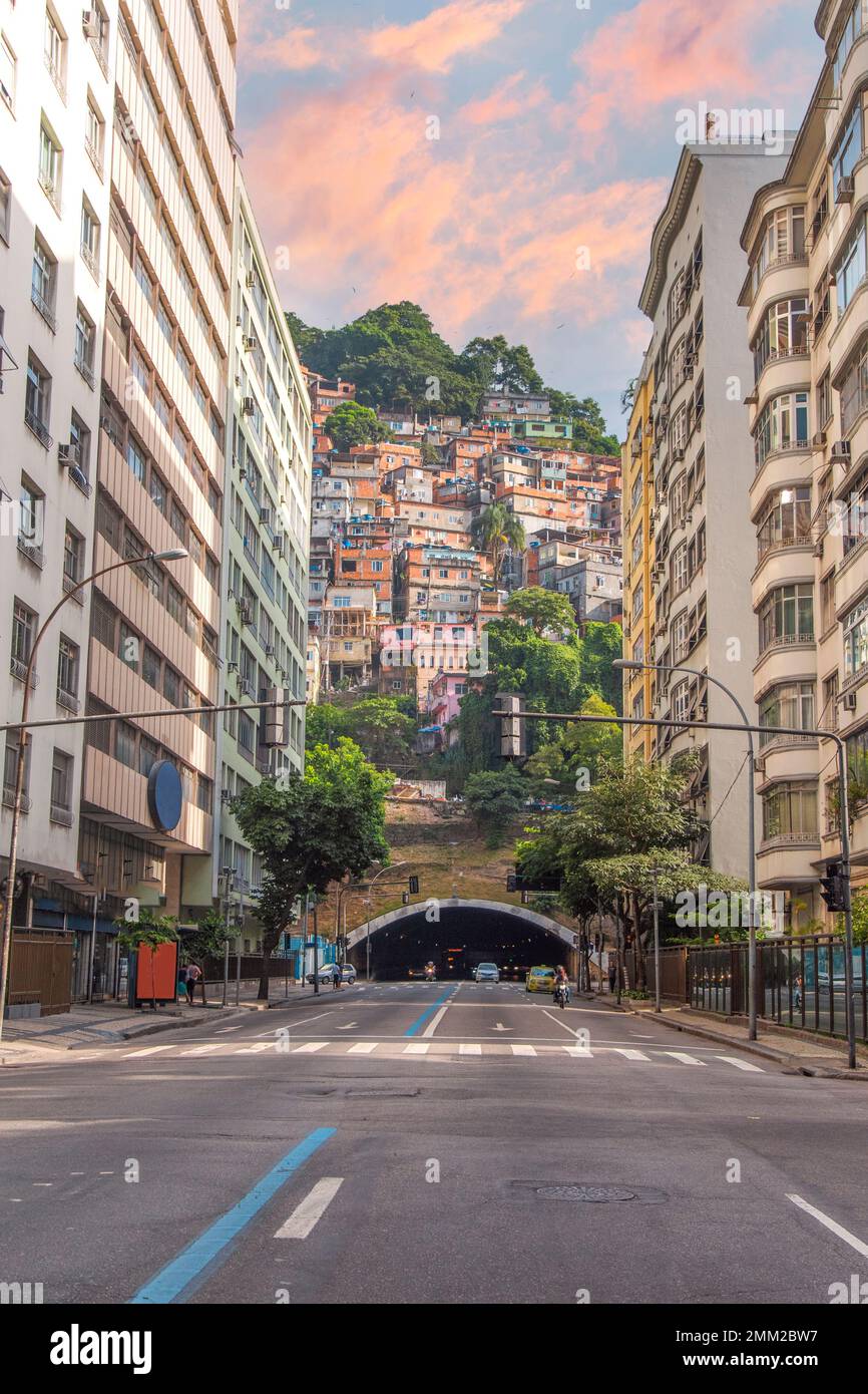 street of the city of Rio de Janeiro and view of the Copacabana beach ...