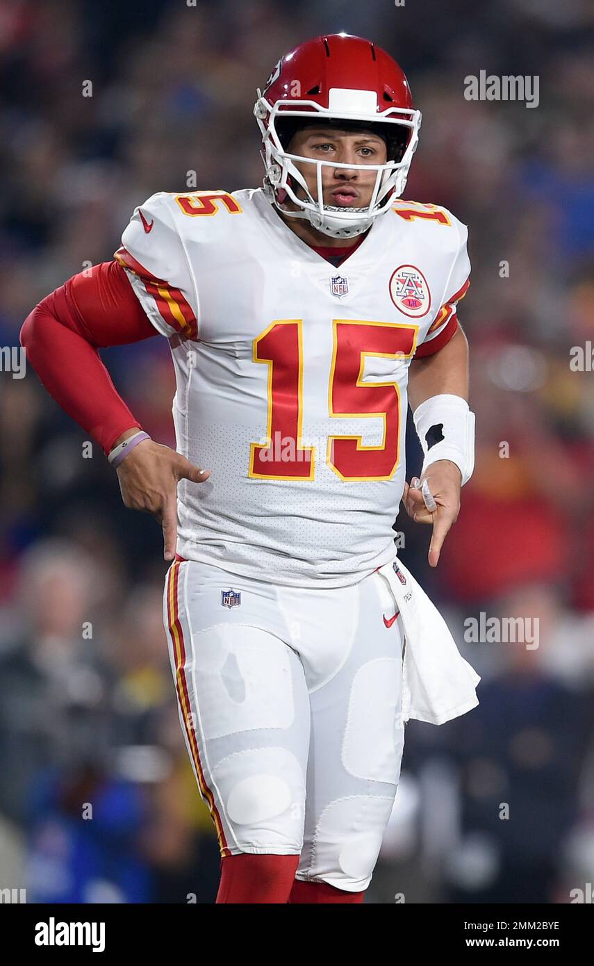 Kansas City Chiefs quarterback Patrick Mahomes reacts during the second ...