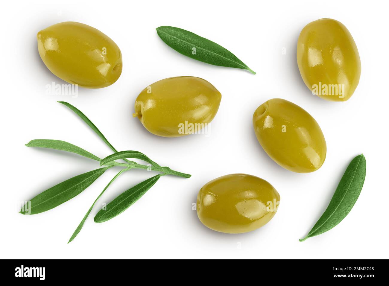 Green olives with leaves isolated on a white background with full depth ...