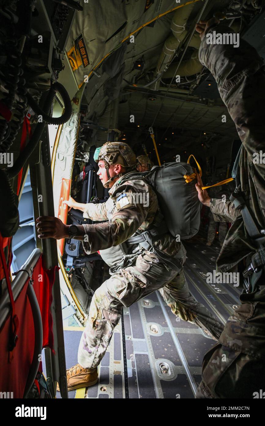 Army Airborne Paratrooper prepares to jump a static line exit from ...