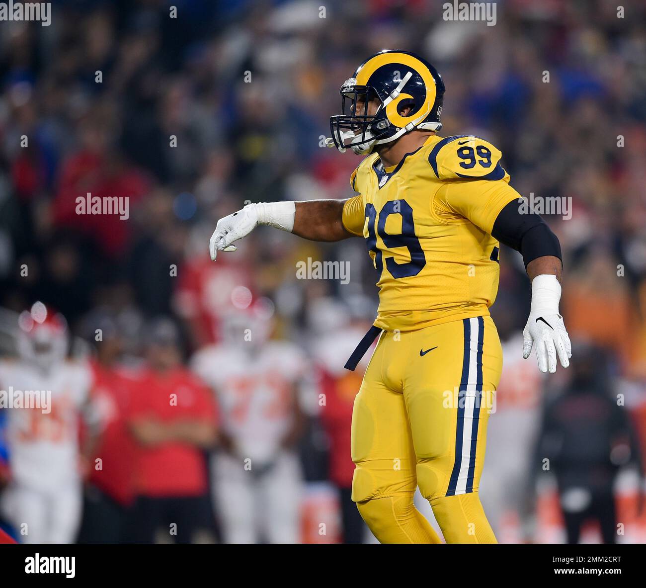 Los Angeles Rams defensive end Aaron Donald cheers during the first ...