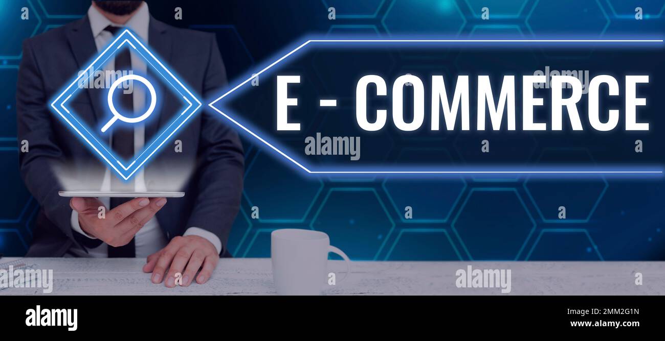 Hand writing sign E Commerce. Word Written on commercial transactions ...