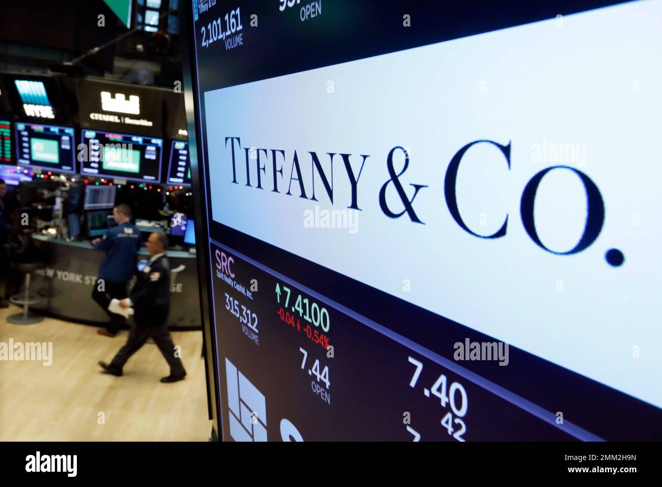 The logo for Tiffany & Co. appears above a post on the floor of the New ...