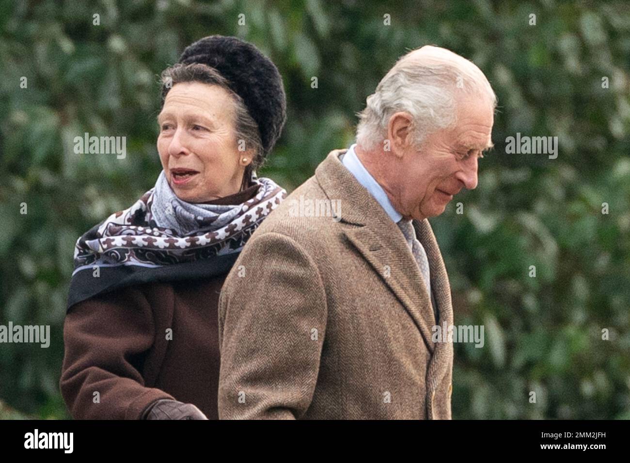 King Charles III and the Princess Royal arrive to attend a church ...