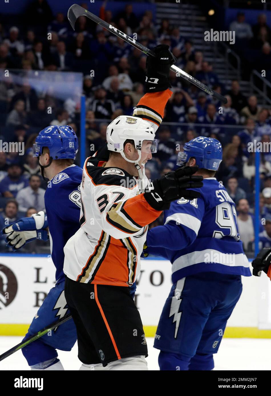 Anaheim Ducks left wing Nick Ritchie (37) celebrates his goal against ...