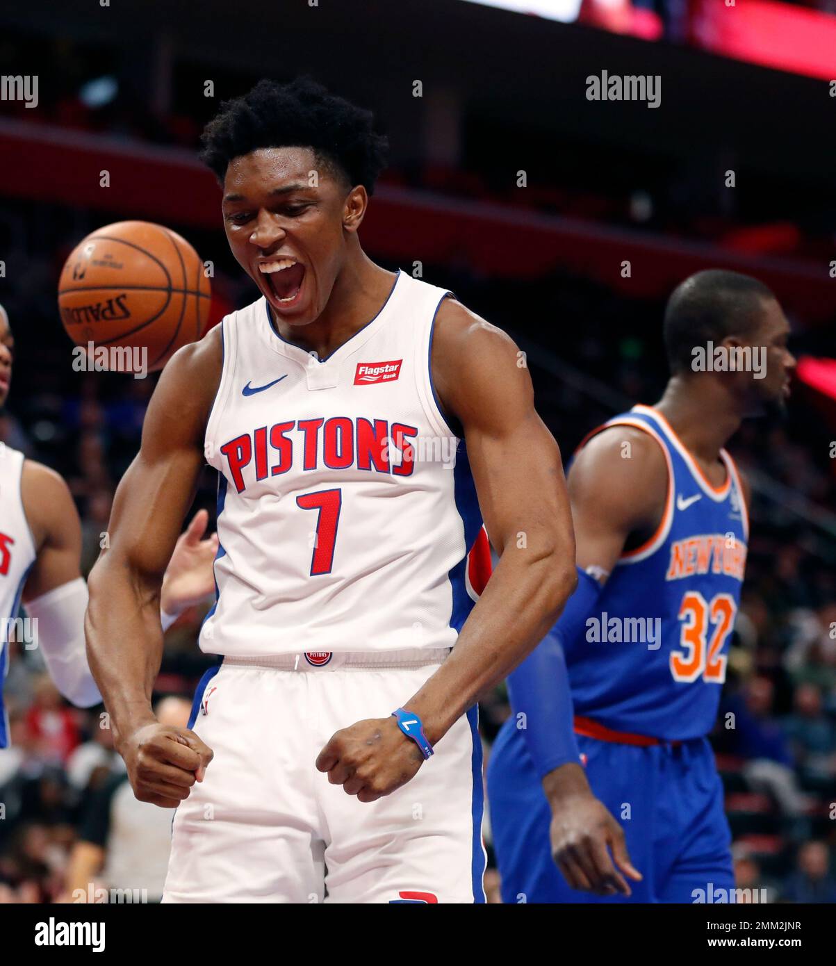 Detroit Pistons forward Stanley Johnson reacts after a play during the ...