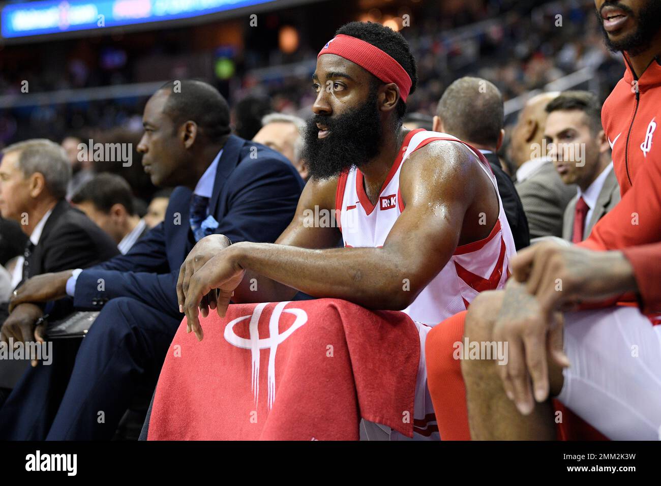 Houston Rockets guard James Harden (13) watches from the bench during ...