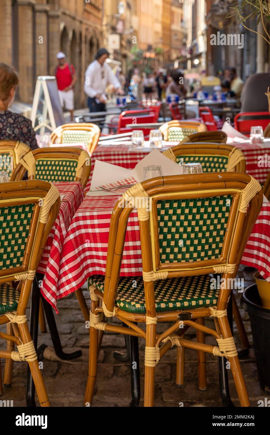 Tourists destination, views of houses and traditional bouchon cafe in ...