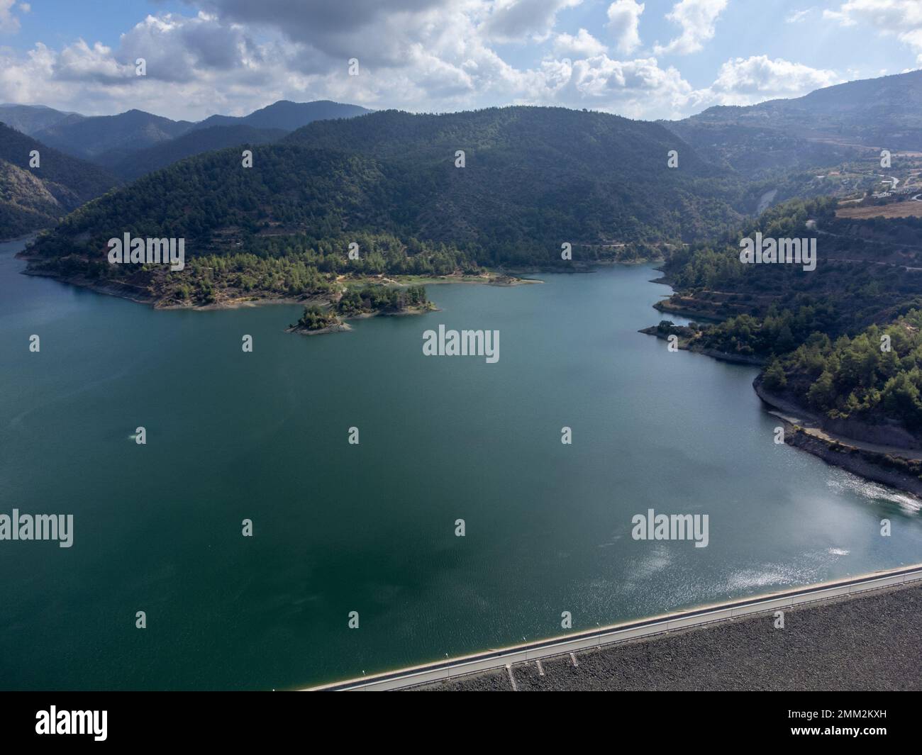 Aerial view on freshwater lake with dam for irrigation and drinking in ...