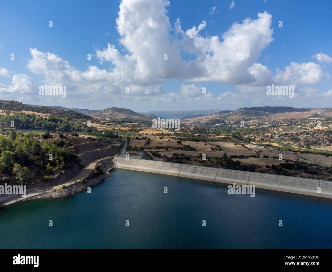 Aerial view on freshwater lake with dam for irrigation and drinking in ...