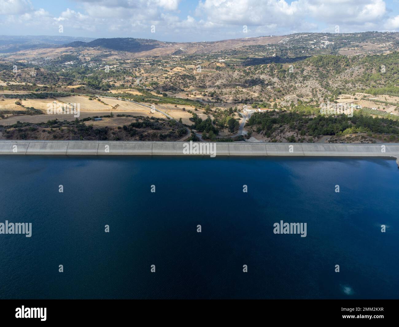 Aerial view on freshwater lake with dam for irrigation and drinking in ...